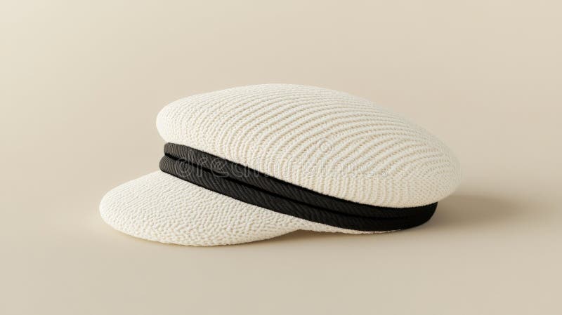 A White Cap Designed in a Military Style, Featuring a Grey Band and a ...
