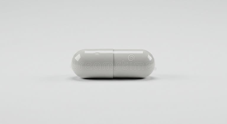 White Capsule-shaped Pill Lying Horizontally on a Plain White Surface ...