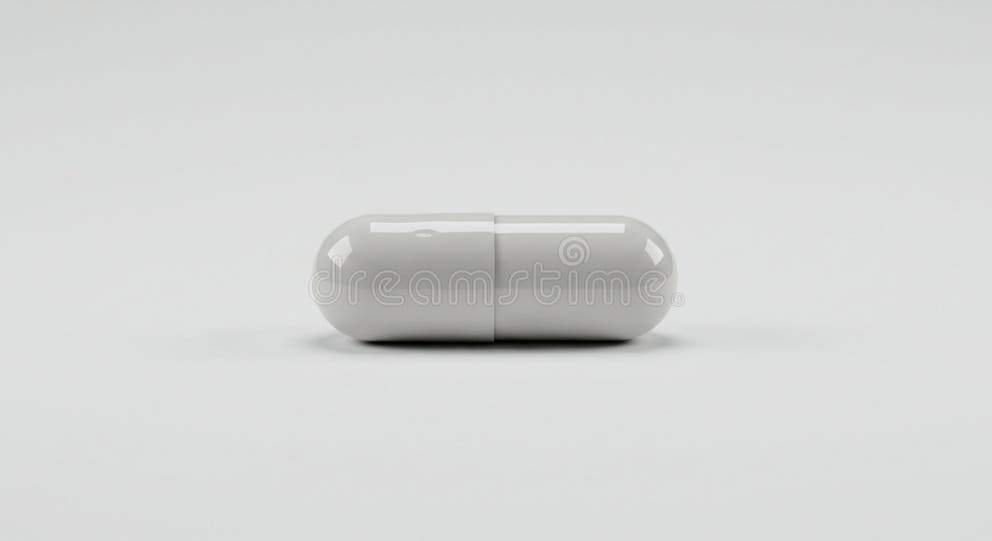 White Capsule-shaped Pill Lying Horizontally on a Plain White Surface ...