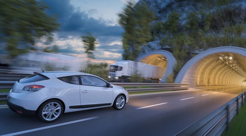 White Car Coming Out of the Tunnel at Dusk Stock Illustration ...