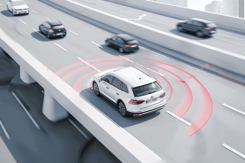 A White Car is Driving on a Road with a Red Line on the Road Stock ...