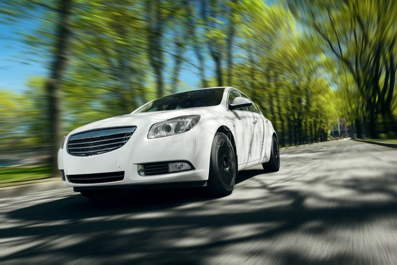 White Car Fast Drive on Asphalt Road Stock Photo - Image of fast, trees ...