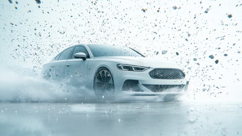 White Car Makes a Splash Driving through Puddle on Rainy Day White ...