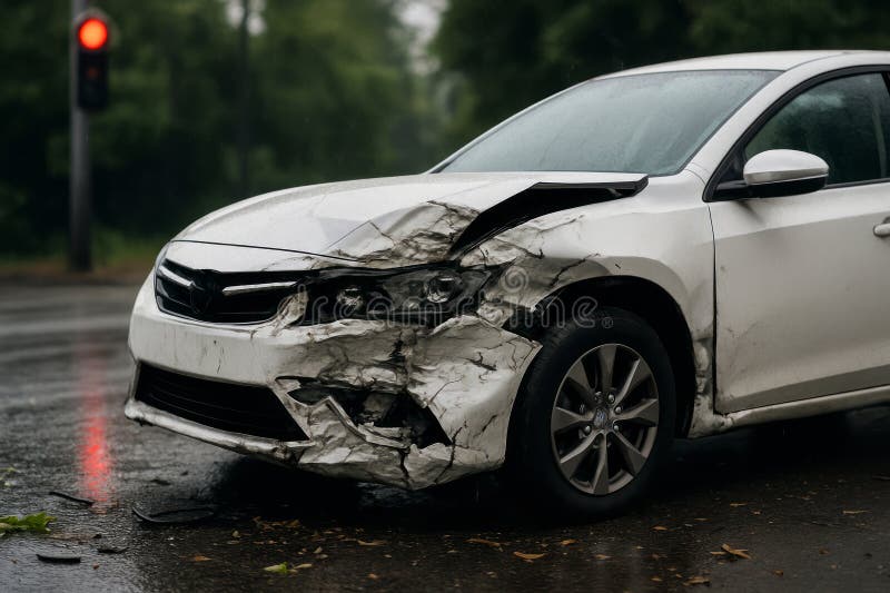 White Car with Severe Damage in Rainy Weather at Intersection with ...