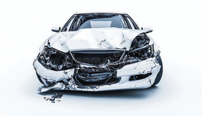White Car Severely Damaged after a Crash, Front View Stock Illustration ...
