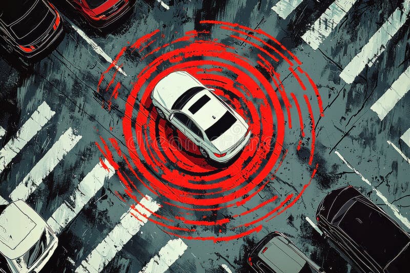 White Car Surrounded by Red Motion Elements on a Busy Intersection ...