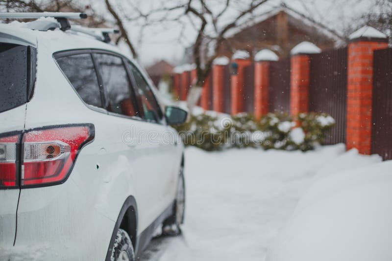 White Car SUV in the Winter Yard, Rear View Stock Image - Image of ...