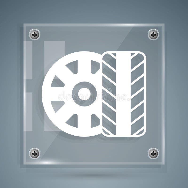 White Car Tire Wheel Icon Isolated on Grey Background. Square Glass ...