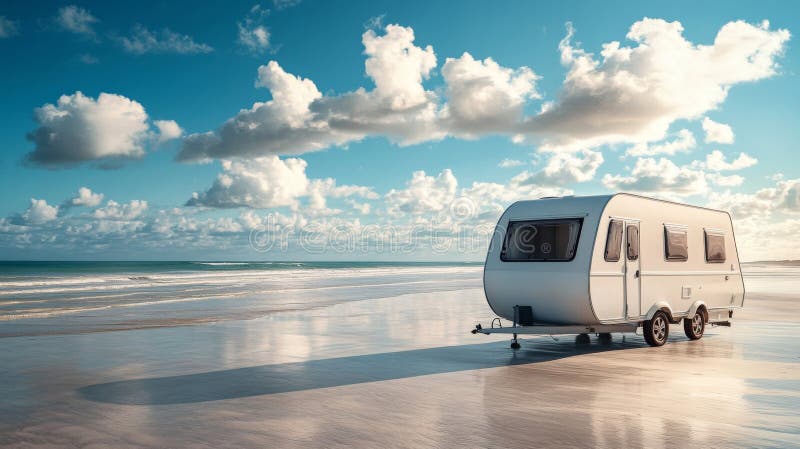 White Caravan Parked on Sandy Beach Under Sunny Sky Stock Illustration ...
