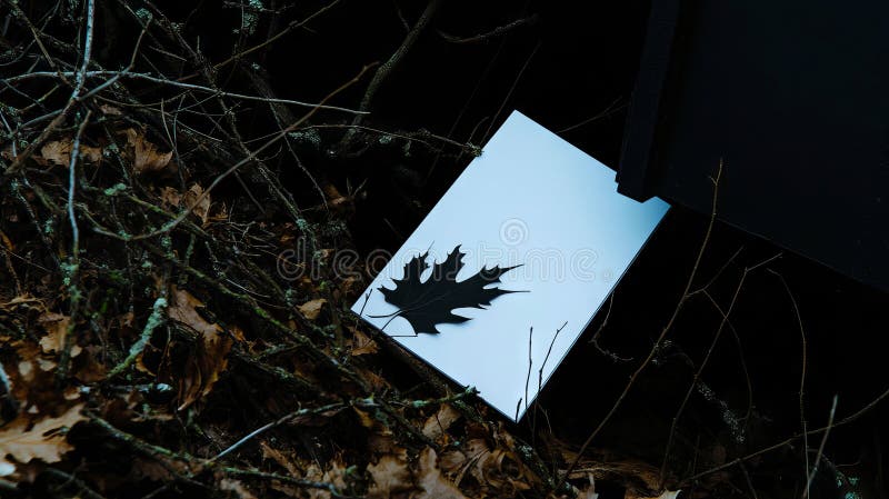 A White Card with a Black Leaf on it Sitting on the Ground Stock Photo ...