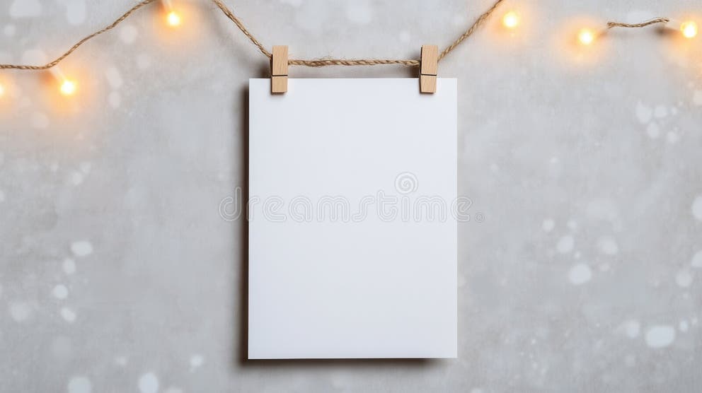 White Card Dangling from String Lights, Suspended Against Grey Wall ...