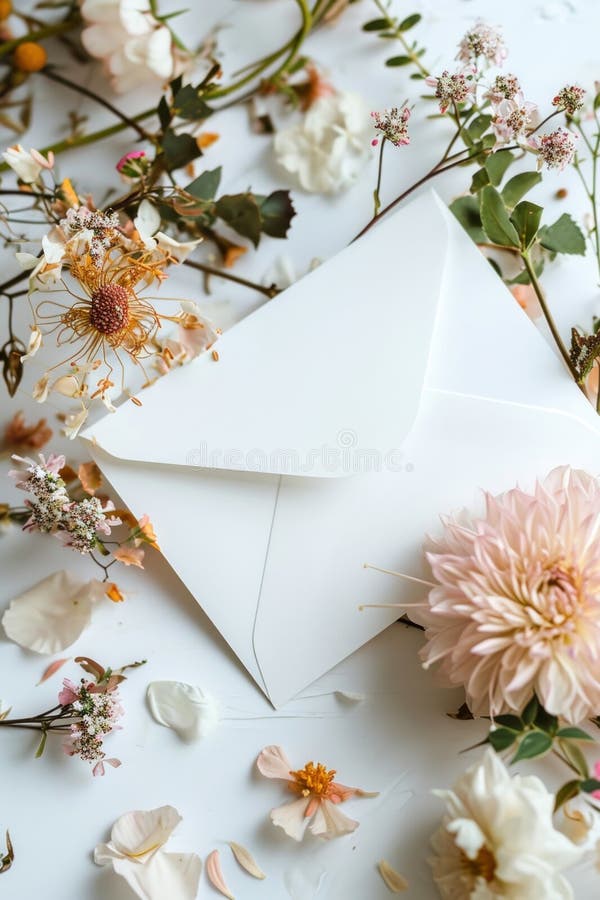 A White Card Envelope is Placed Inside a Floral Frame Stock Photo ...