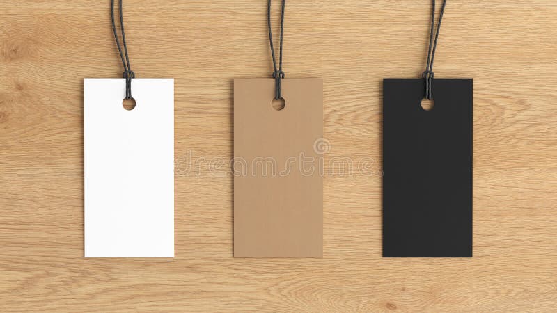White, Cardboard, Black Rectangular Tags Mockup on Wooden Background ...
