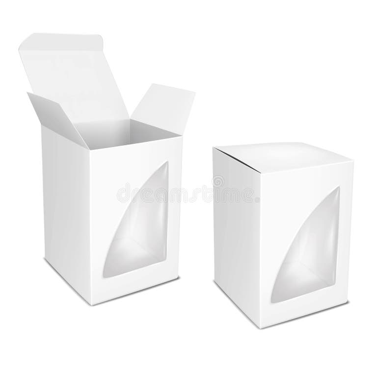 White Cardboard Box with Clear Plastic Triangular Window Mockup. Empty ...