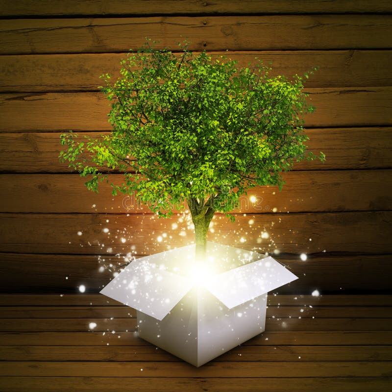 White Cardboard Box with Magical Green Tree Stock Illustration ...