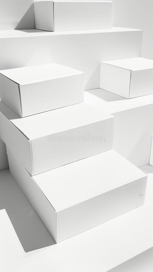 White Cardboard Boxes Arranged on White Steps in Bright Light, Abstract ...
