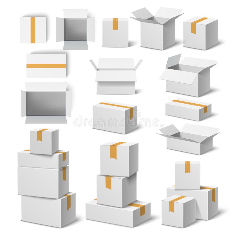 White Cardboard Boxes. Empty Realistic Parcels Containers with Adhesive ...