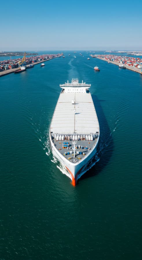 White Cargo Ship Sailing through a Port Channel Stock Illustration ...