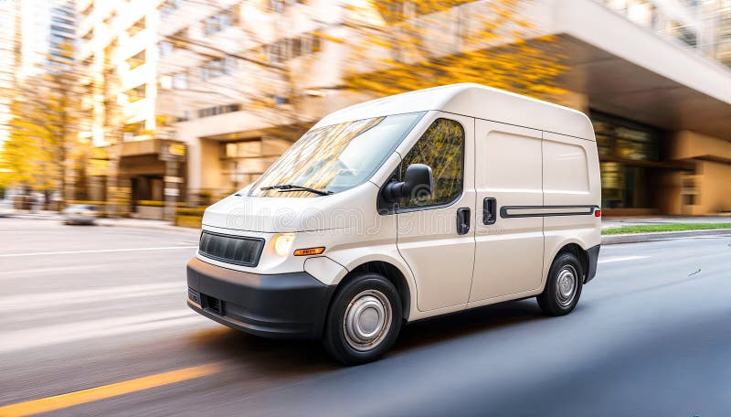 White Cargo Van Driving Fast on the City Street with Blurred Background ...