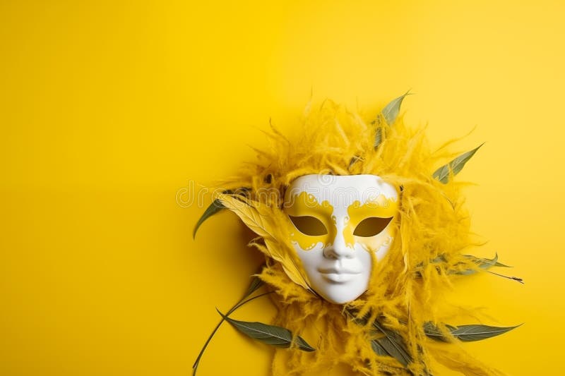 White Carnival Mask with Yellow Feathers on Yellow Background, Copy ...