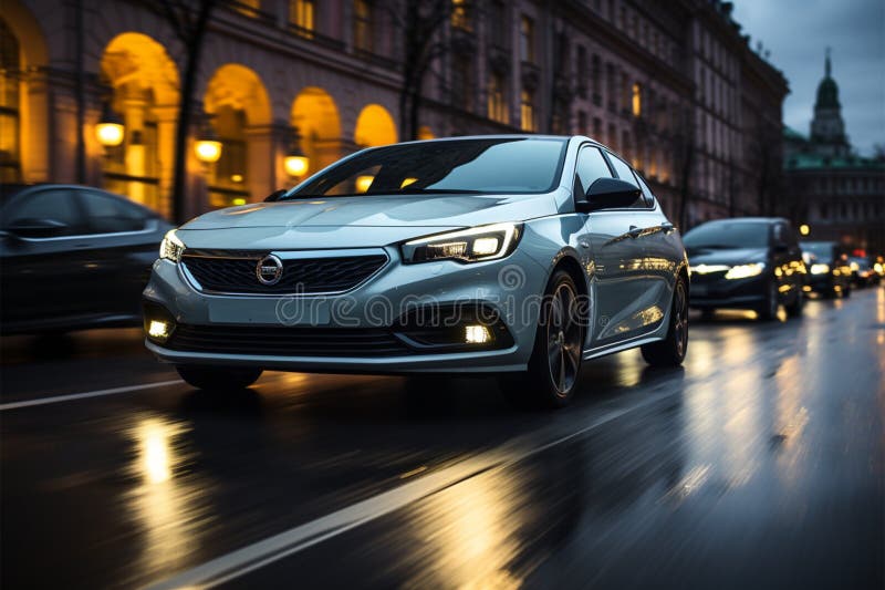 White Cars Side View, Lit by Road Lights in the Dark Stock Photo ...