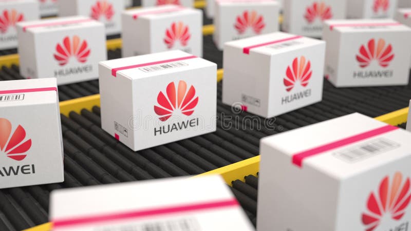 White Cartons with Logo of Huawei Move on the Conveyor. Editorial 3D ...