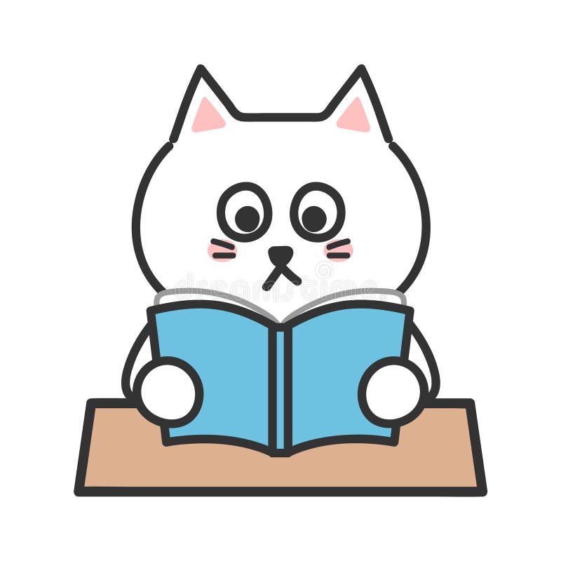White Cartoon Cat Studying with a Book, Vector Illustration. Stock ...