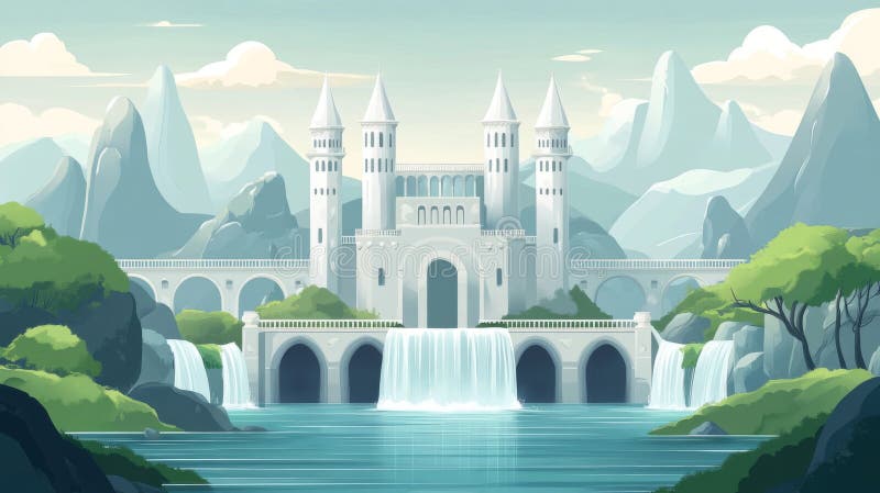 White Castle by Waterfall in Mountainous Landscape Stock Illustration ...
