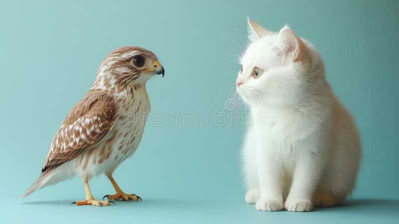White Cat and Bird of Prey on Clean Background Stock Illustration ...