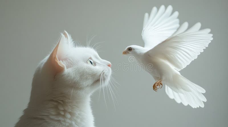 White Cat and Bird of Prey on Clean Background Stock Illustration ...