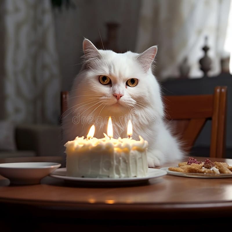 White Cat with Birthday Cake and Candles, Created with Generative AI ...