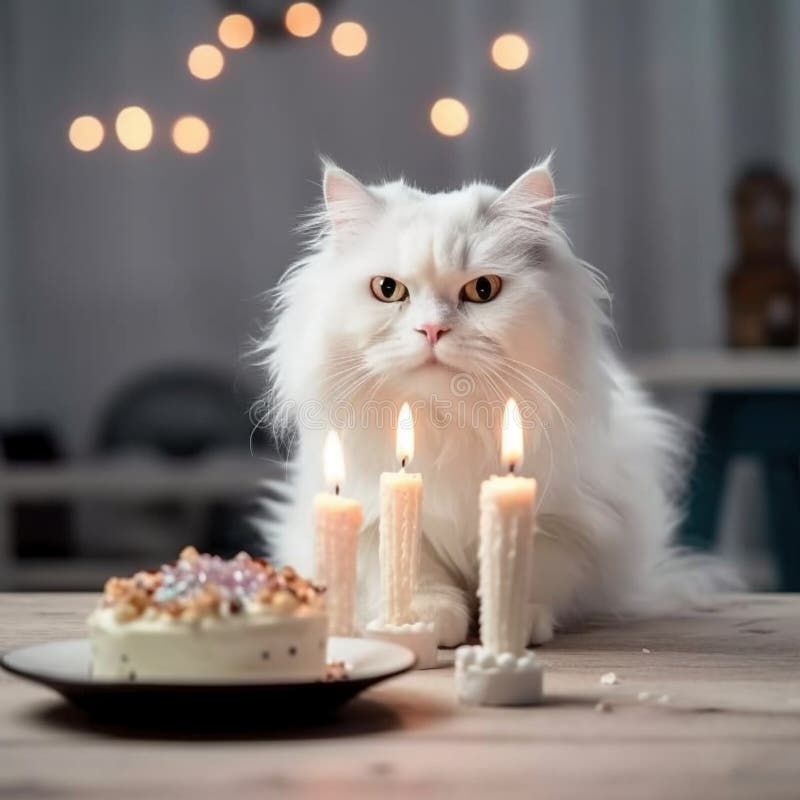 White Cat with Birthday Cake and Candles, Created with Generative AI ...
