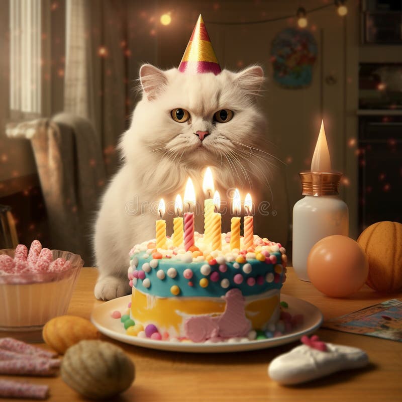White Cat with Birthday Cake and Candles, Created with Generative AI ...