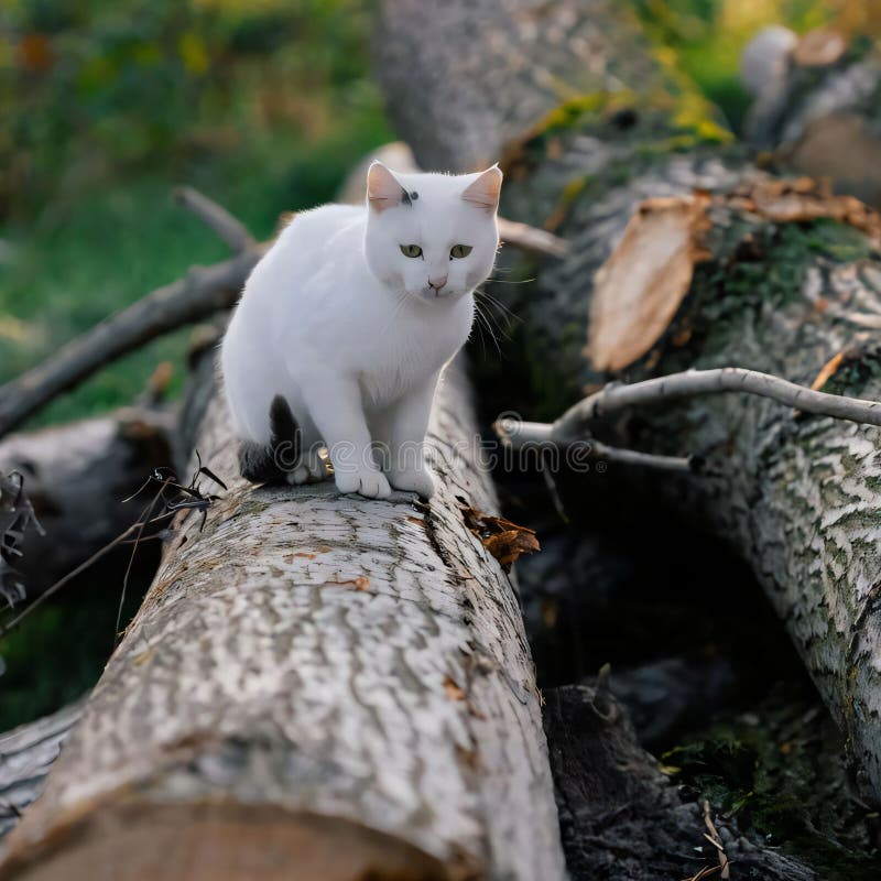 White Cat on a Fallen Tree in the Forest. Stock Photo - Image of feline ...