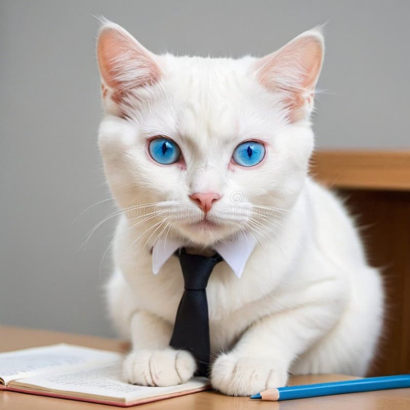 White Cat with Blue Eyes Learning, Pencil, Notebook, AI Generated Image ...