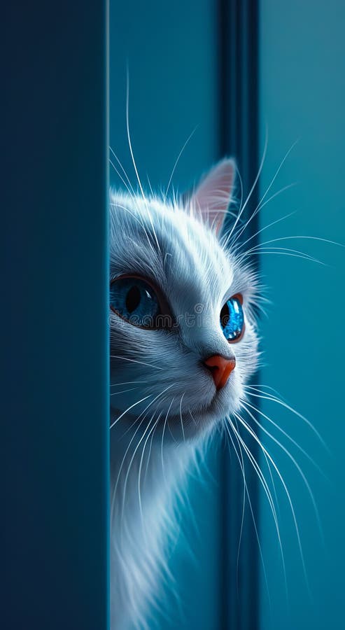 A White Cat with Blue Eyes Peeking Out of a Door Stock Image - Image of ...