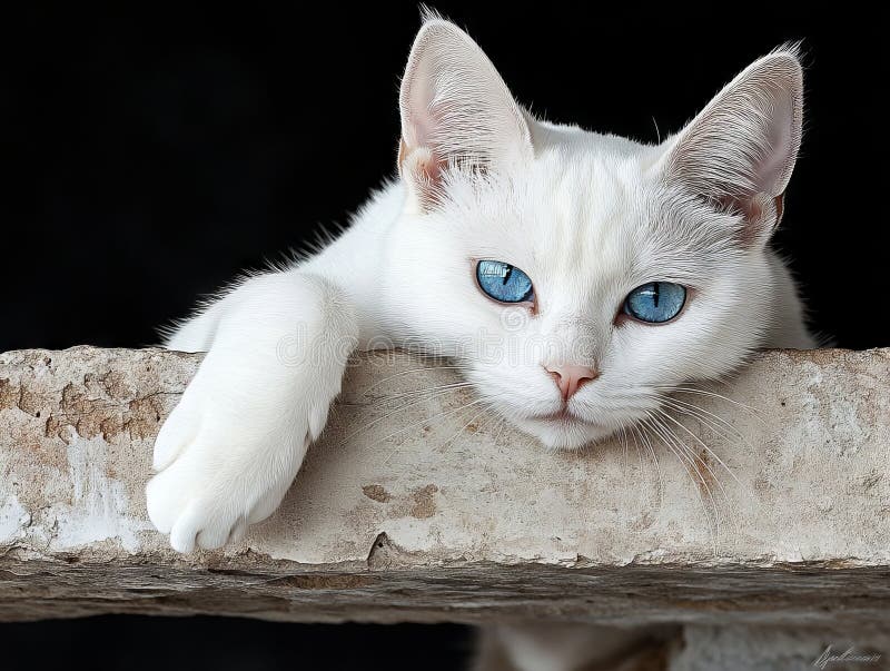 A White Cat with Blue Eyes Peeking Over a Ledge Stock Photo - Image of ...