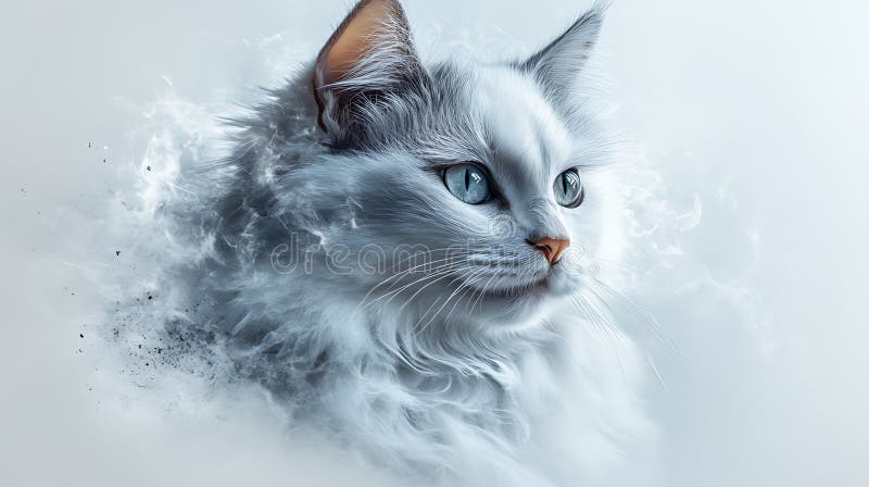 A White Cat with Blue Eyes is Surrounded by a Cloud of Smoke Stock ...