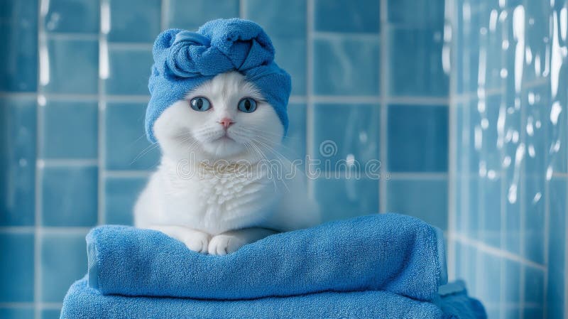 White Cat with Blue Towel Head Wrap in Bathroom Stock Image - Image of ...