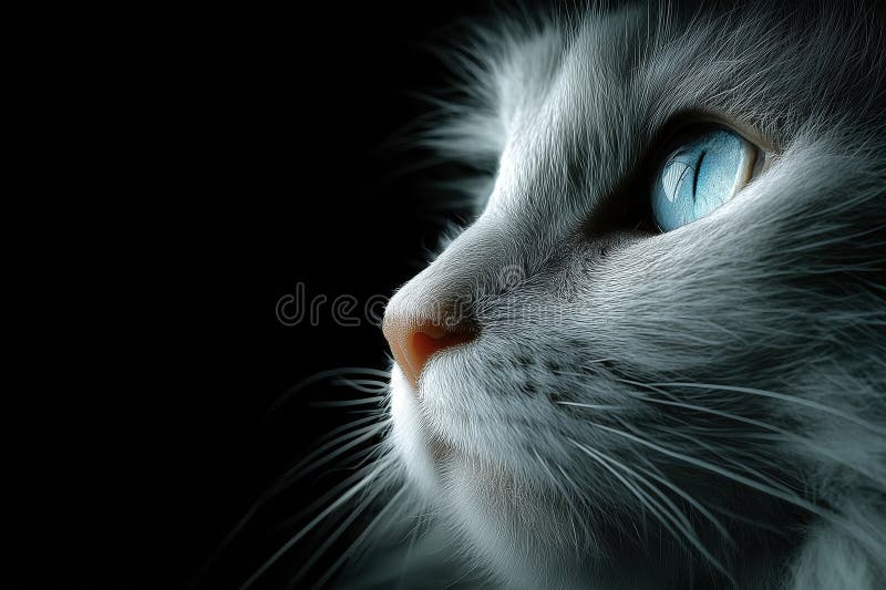 White Cat Close-up. Blue Eye and Soft Fur in Dramatic Lighting Stock ...