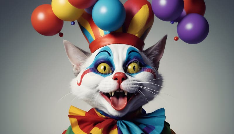 A White Cat with a Clown Hat and Balloons. April Fools Stock ...