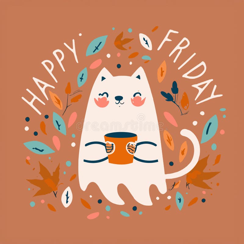 White Cat with Coffee and the Inscription Happy Friday Stock ...