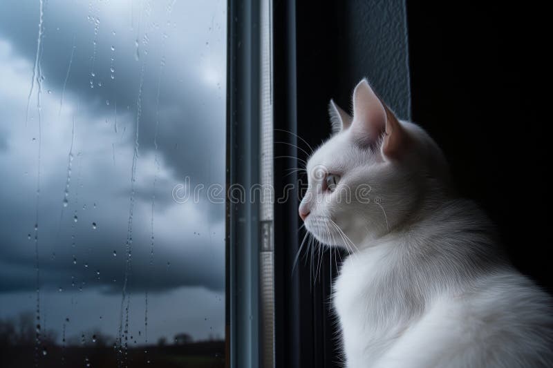 White Cat, Contrasting with Dark Storm Clouds Seen through a Window ...