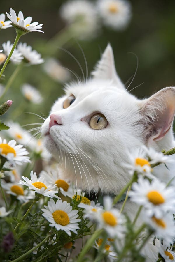 White cat in daisy flowers stock illustration. Illustration of flower ...
