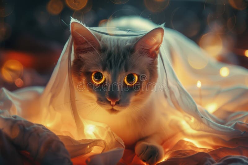 A Spooky Cat in a Ghost Costume with Glowing Eyes Stock Illustration ...