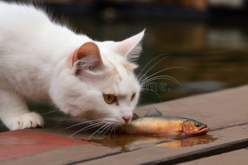 A White Cat Eating a Fish Near a Lake. Created with Generative AI Stock ...