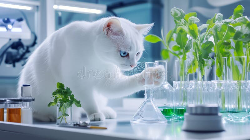 White Cat Experiments with Plants in Laboratory Setting Stock ...