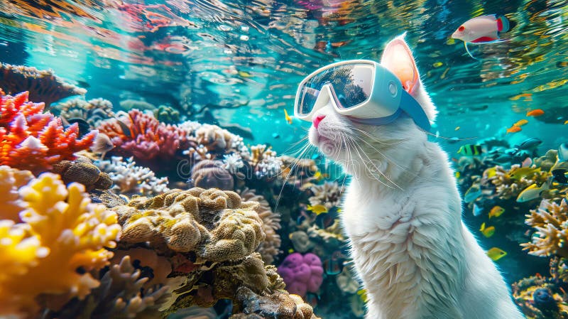 White Cat Exploring an Underwater World with Virtual Reality Glasses ...