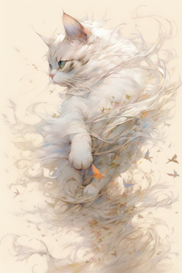 White Cat Floating in a Whirlwind of Feathers Stock Illustration ...