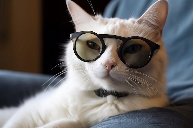 White Cat with Glasses. Generative AI. Stock Illustration ...